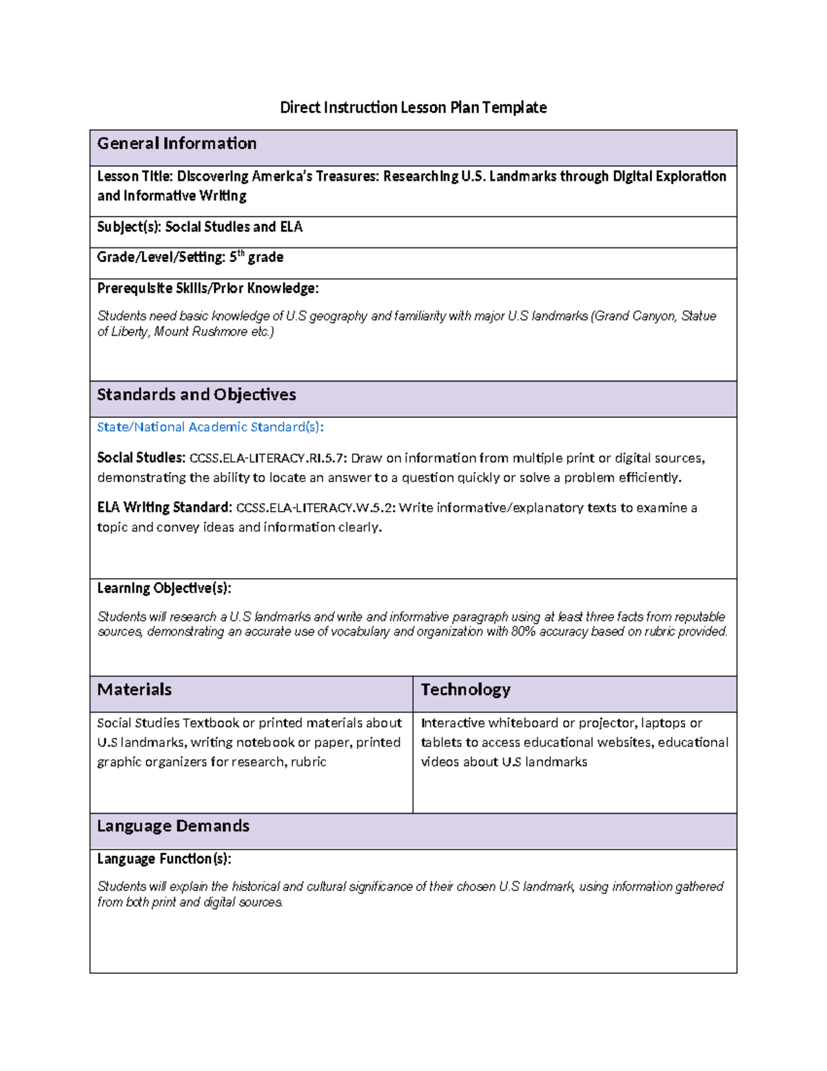 5th Grade Lesson Plan: Exploring U.S. Landmarks Through Research - Studocu