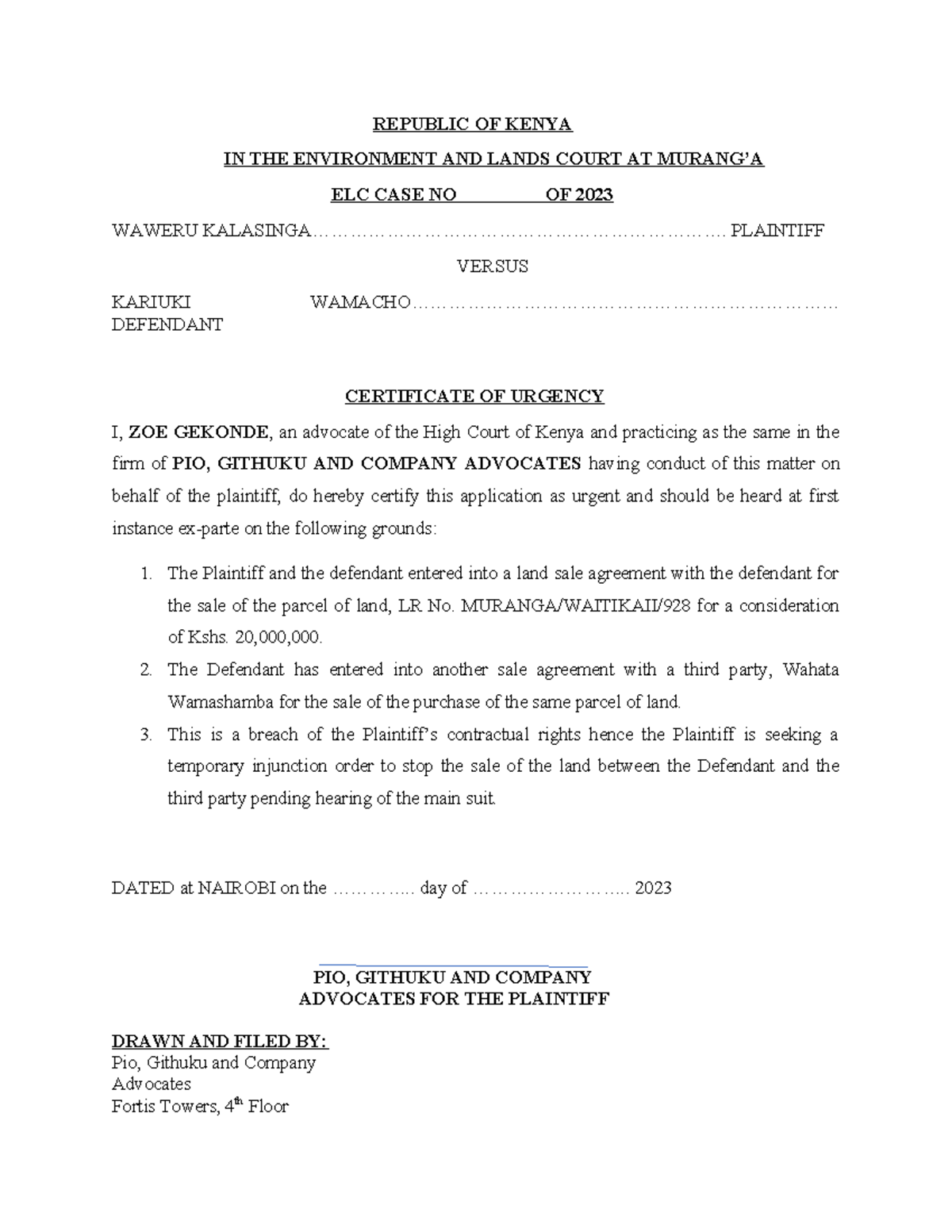 Certificate of Urgency ELC Case No. 2023 - Waweru Kalasinga vs. Kariuki ...