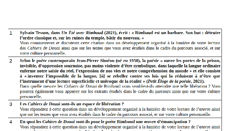 Sujets de Dissertation sur Rimbaud et les Cahiers de Douai - Studocu