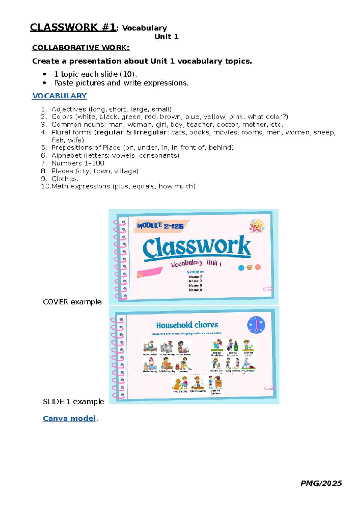 Workshop 1: Vocabulary Unit 1 Presentation Guidelines - Studocu