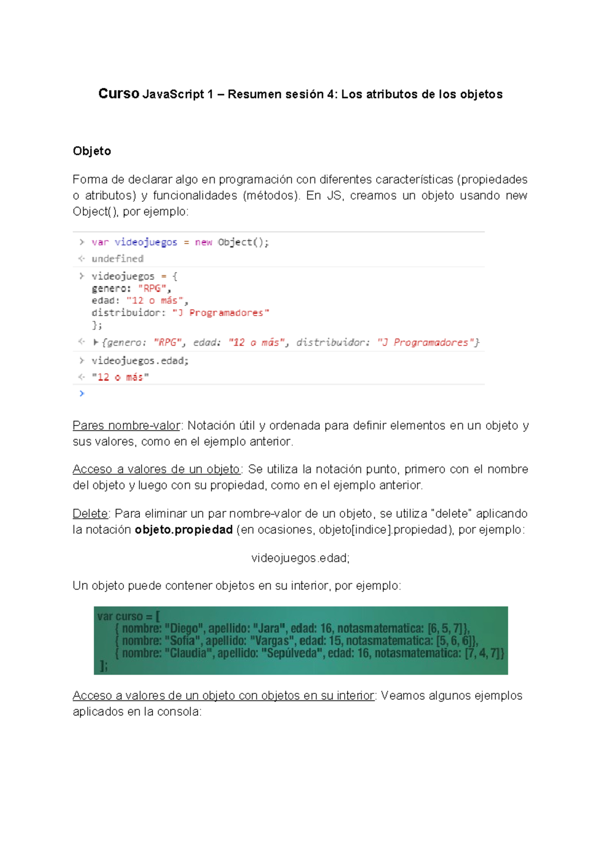 MJ1 Resumen Sesión 4: Atributos y Objetos en JavaScript - Studocu