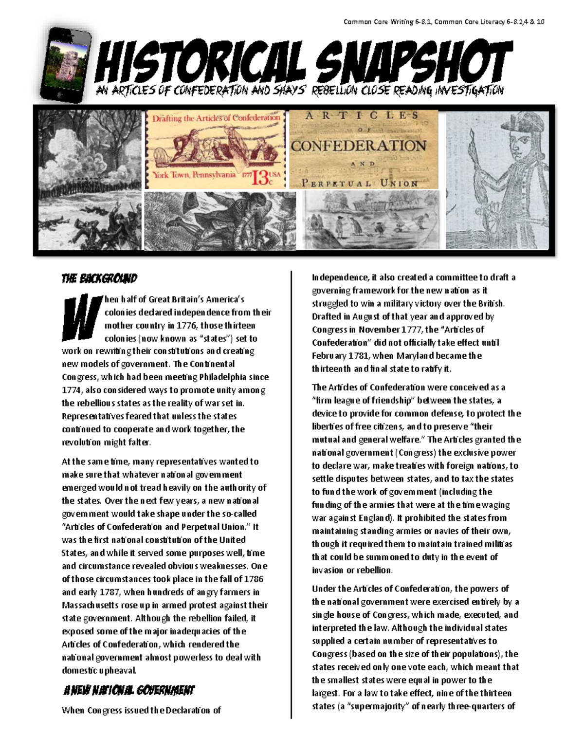 C3359: Common Core Literacy 10 - Articles of Confederation & Rebellion ...