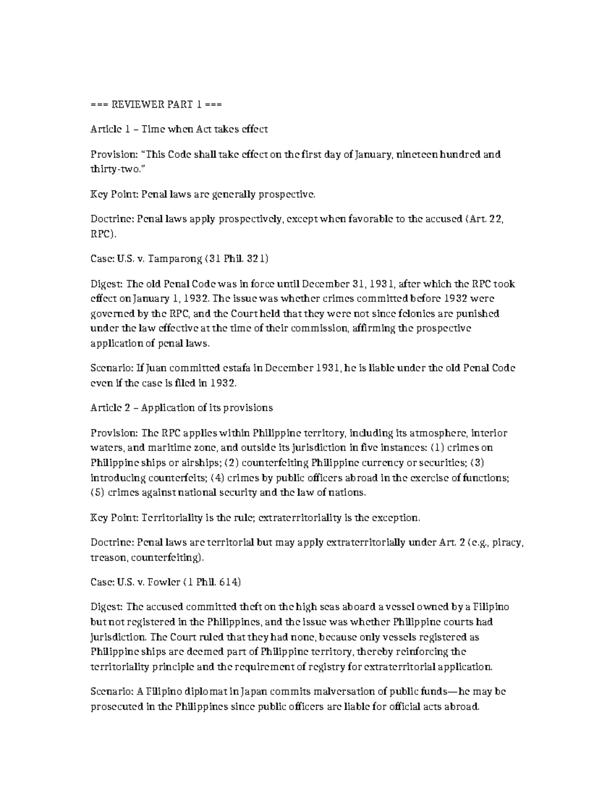 REVIEWER CRIM LAW: Key Provisions and Case Summaries - Studocu