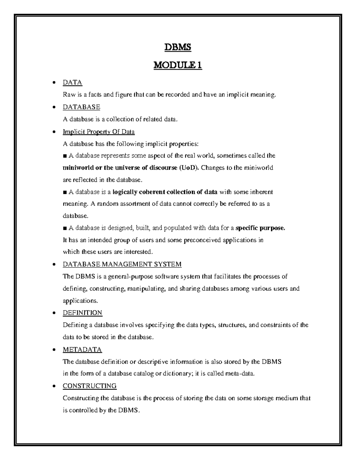DBMS Module 1: Key Concepts & Definitions for Database Management - Studocu