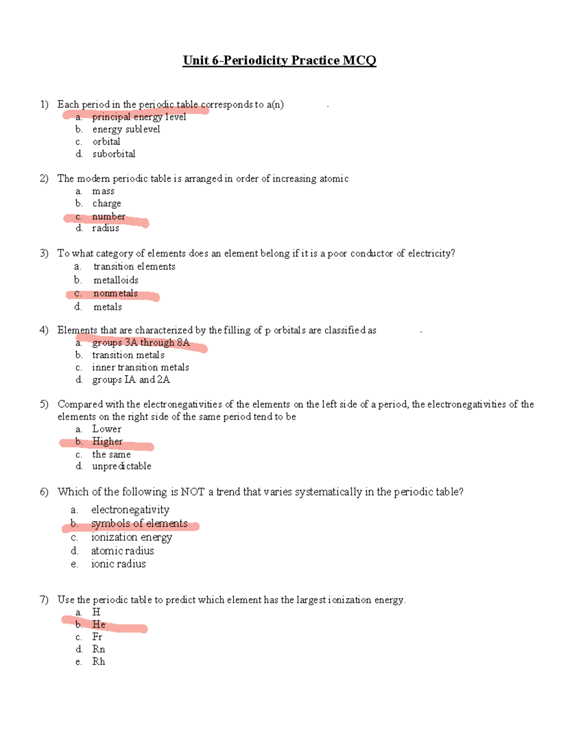 Periodic Table Trends - Unit 6 MCQ Practice Questions - Studocu