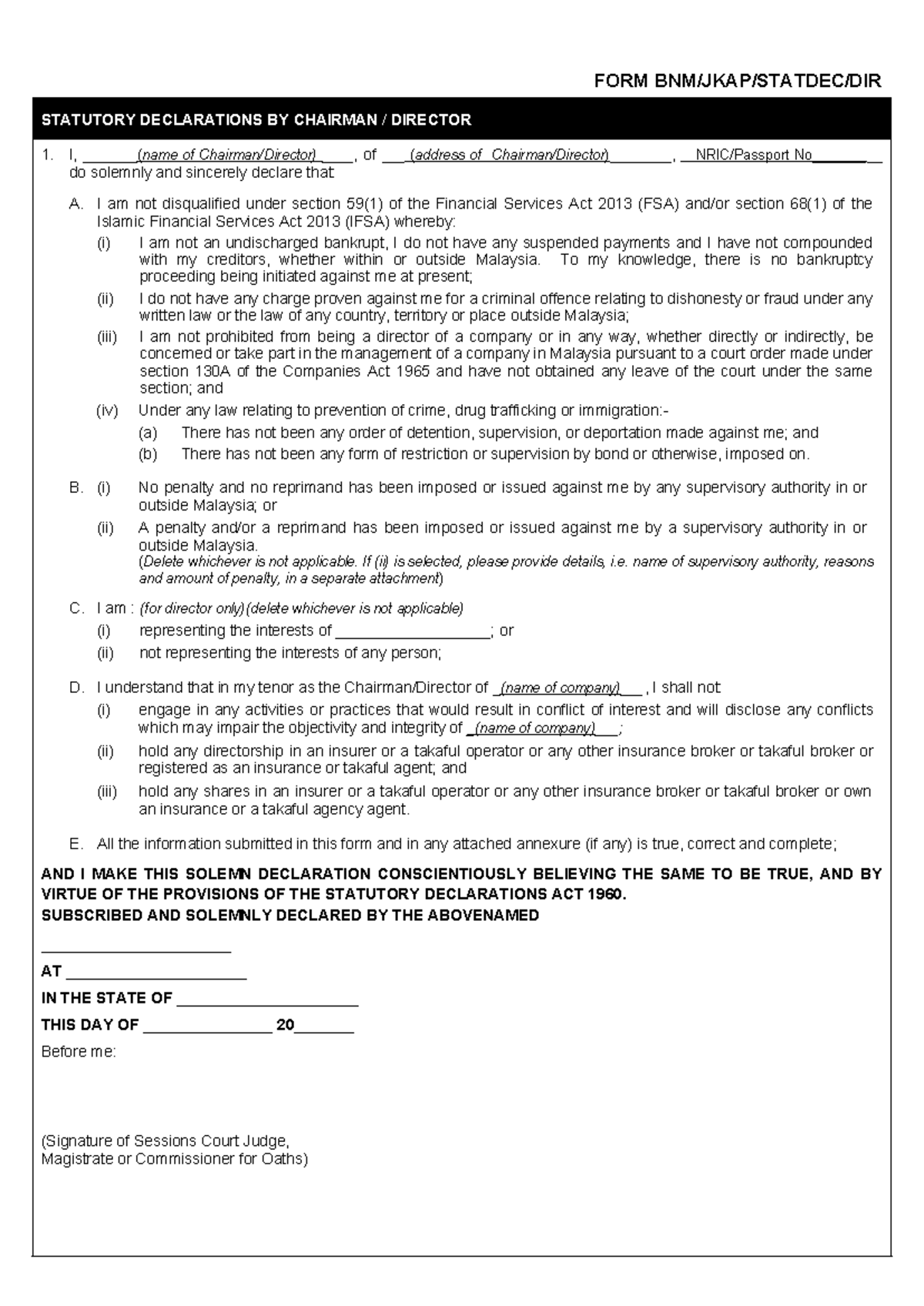 Statutory Declaration Form for Chairman Director - Studocu