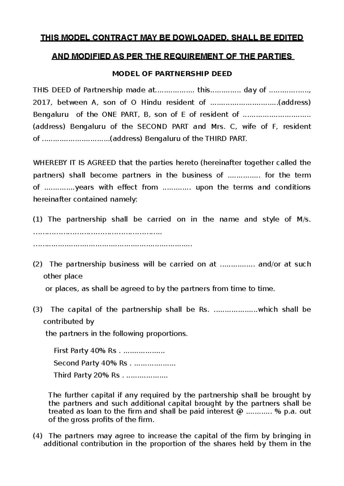 Model Partnership Deed Template for Legal Use - Studocu
