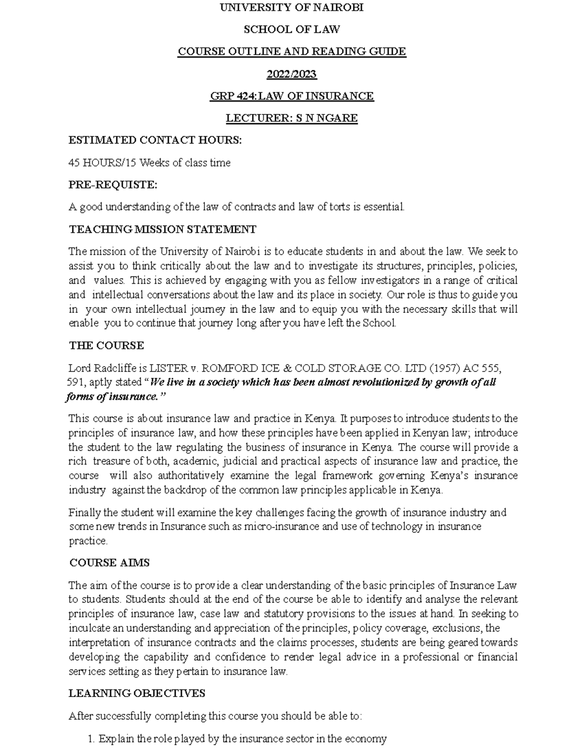 GRP 424: Law of Insurance Course Outline and Reading Guide 2022 - Studocu