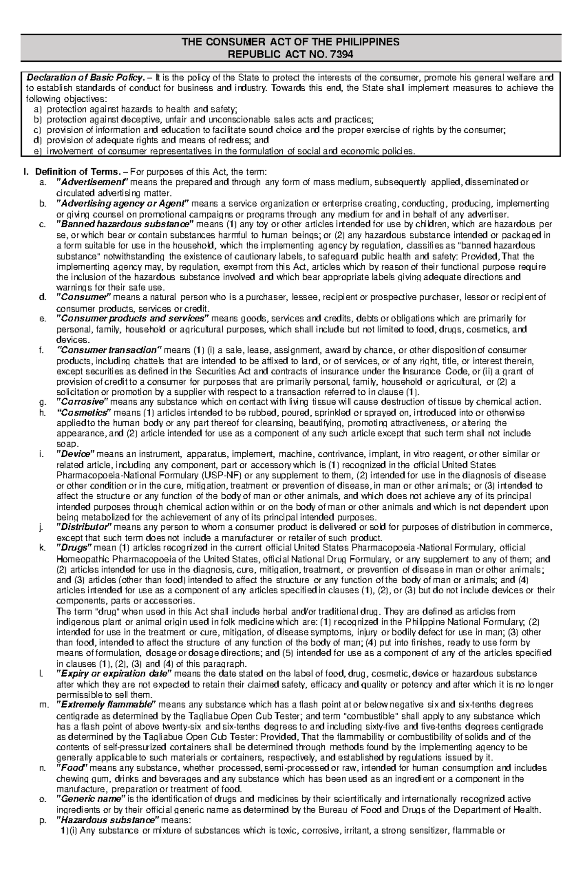 Consumer Protection Act of the Philippines (RA 7394) Overview - Studocu