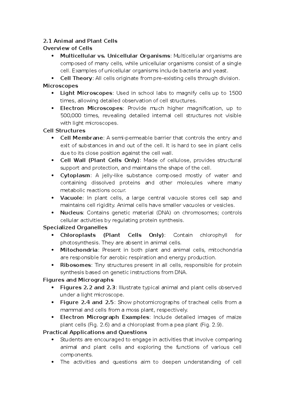Notes on 2 - IGCSE Biology 2.2: Animal and Plant Cells Overview - Studocu