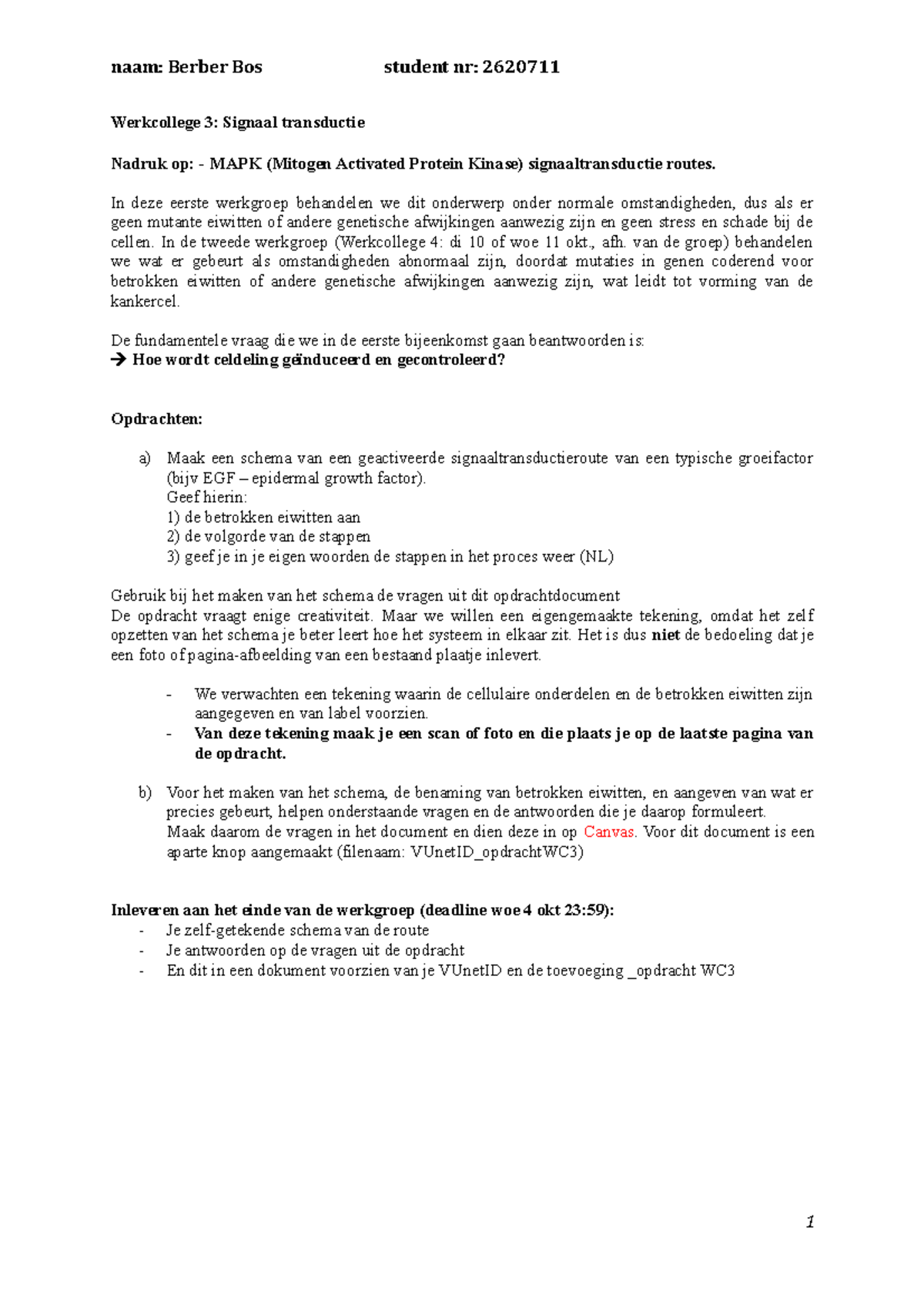 opdracht werkgroep 3 - naam: Berber Bos student nr: 2620711 Werkcollege ...