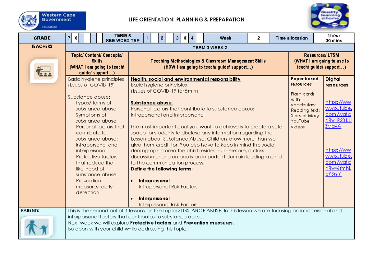 2 Lesson Plan Gr. 7 Life Orientation T3 W2 - LIFE ORIENTATION: PLANNING ...
