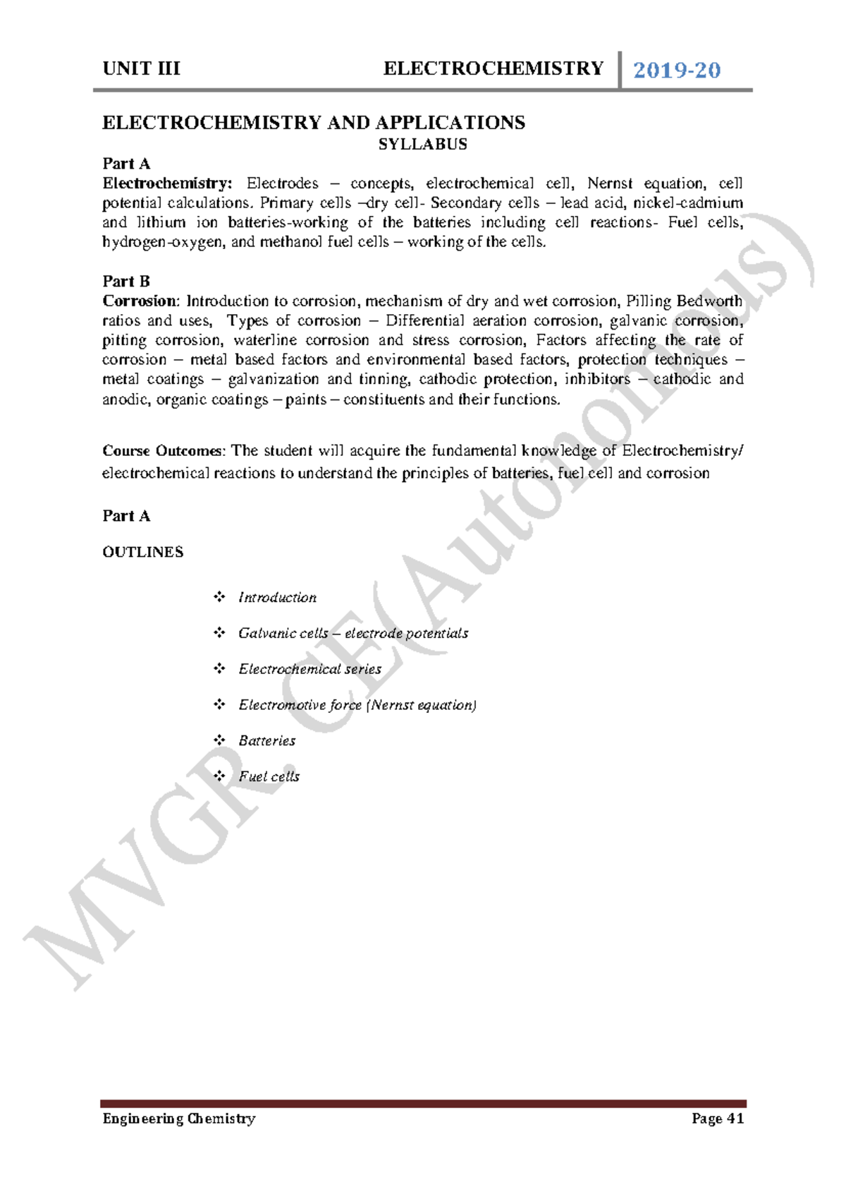 Unit III - Electrochemistry Study Notes and Applications (2019-20 ...