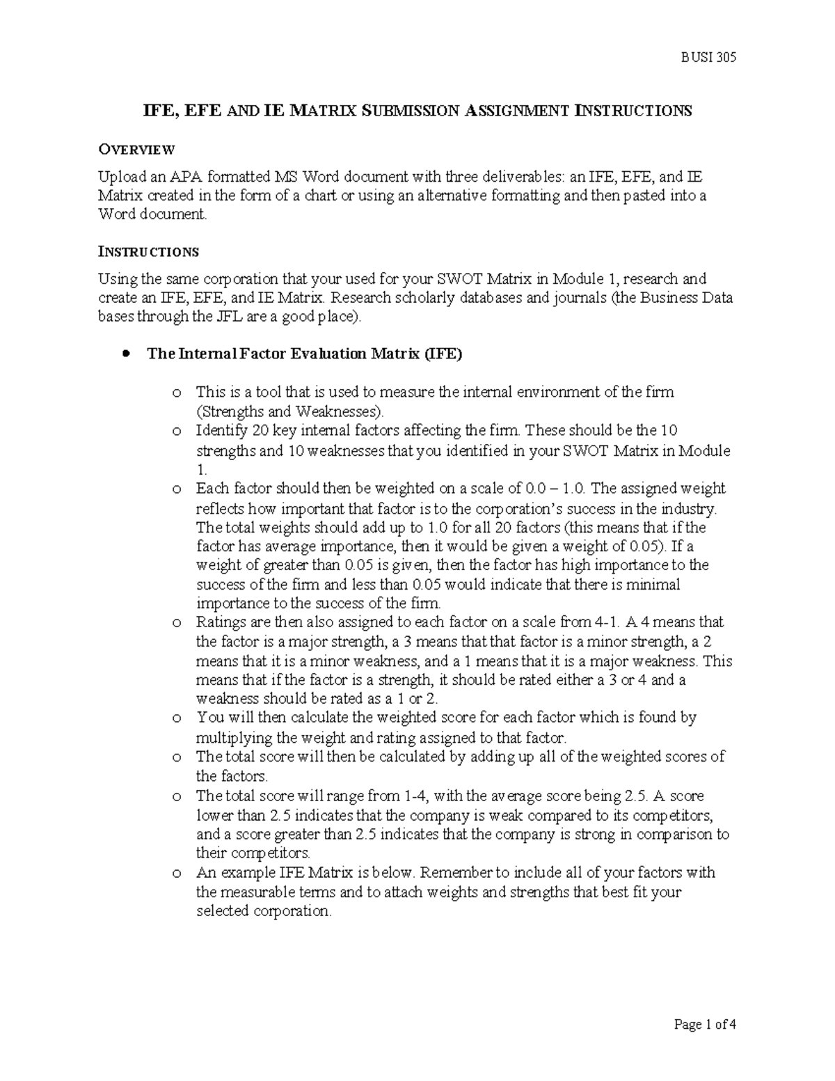 BUSI 305 IFE, EFE & IE Matrix Submission Assignment Guidelines - Studocu