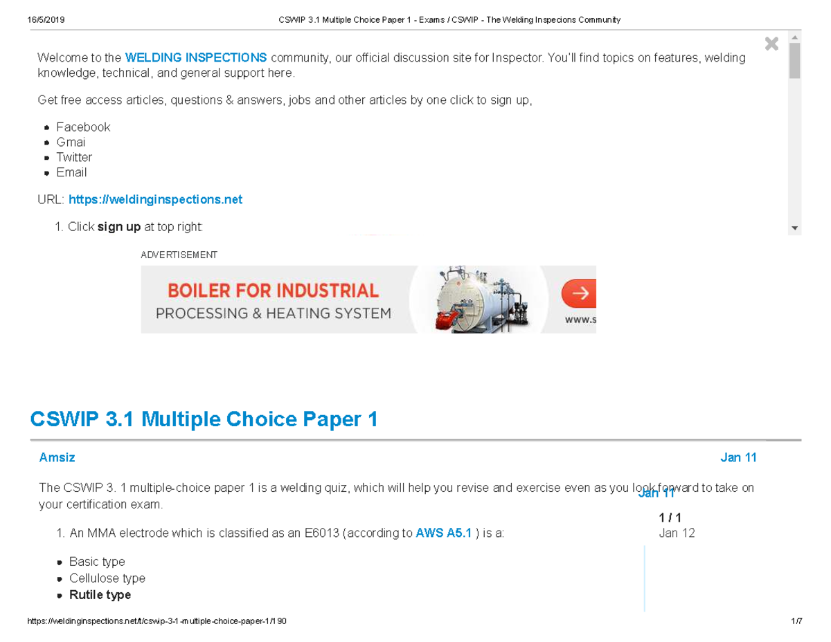 CSWIP 3.1 Multiple Choice Exam Paper 1: Welding Knowledge Review - Studocu