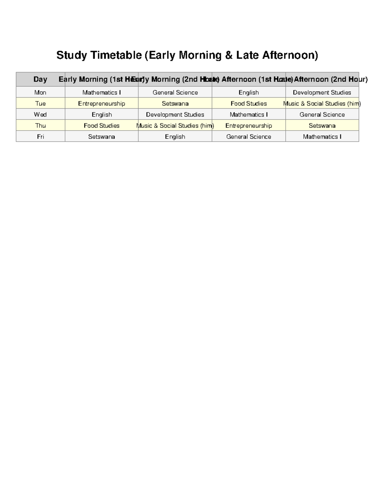 Creative study timetable - Study Timetable (Early Morning & Late ...