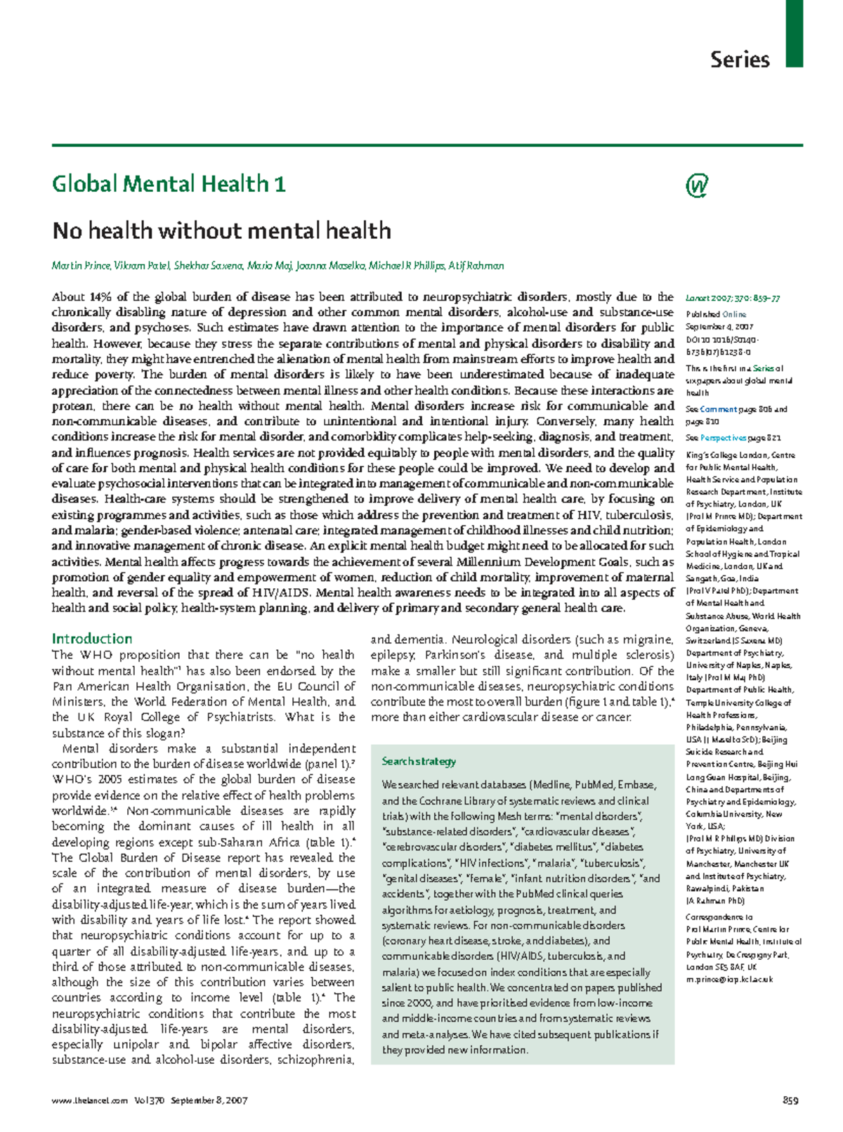 Global Mental Health: The Interconnection of Mental and Physical Health ...