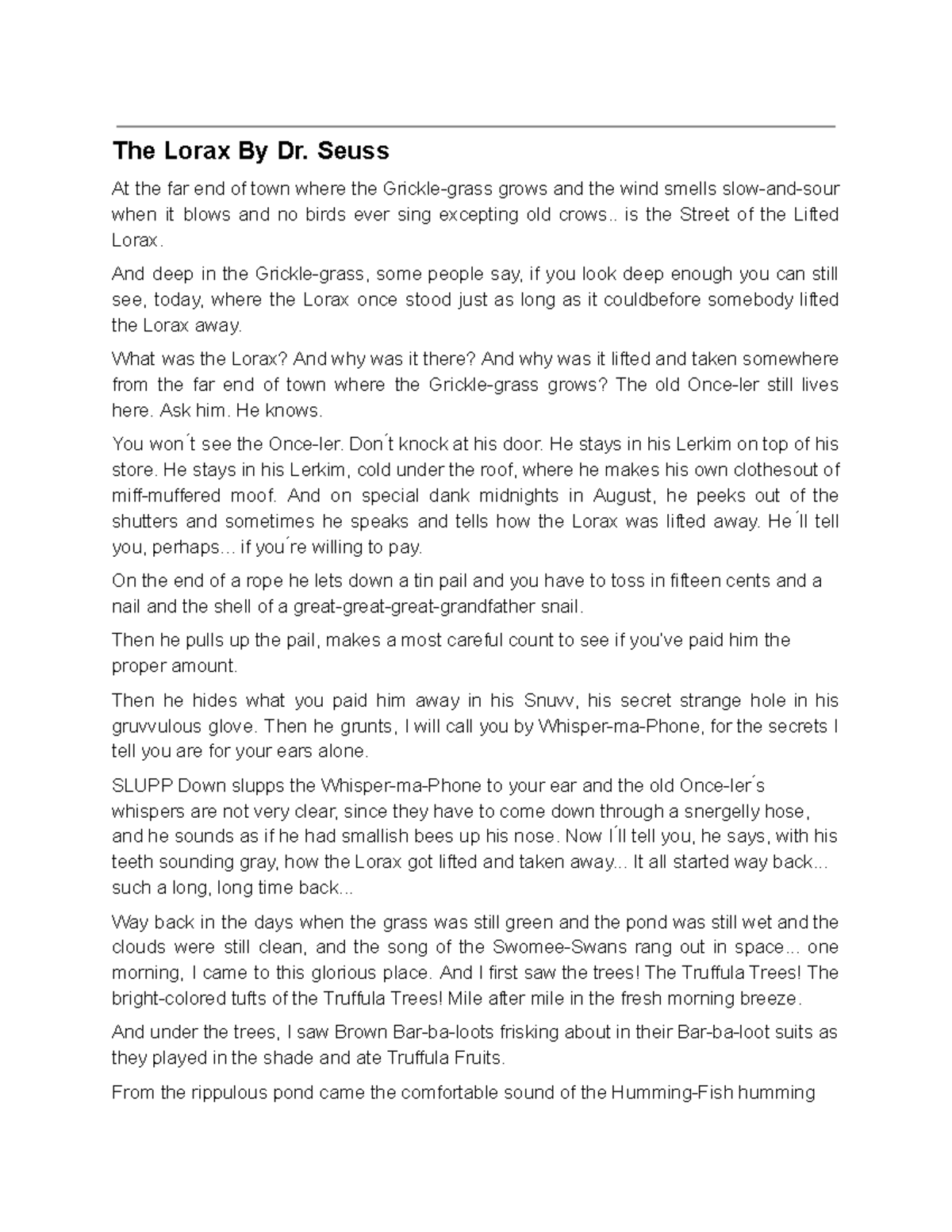 The Lorax: A Reading of Dr. Seuss's Classic Tale - Studocu