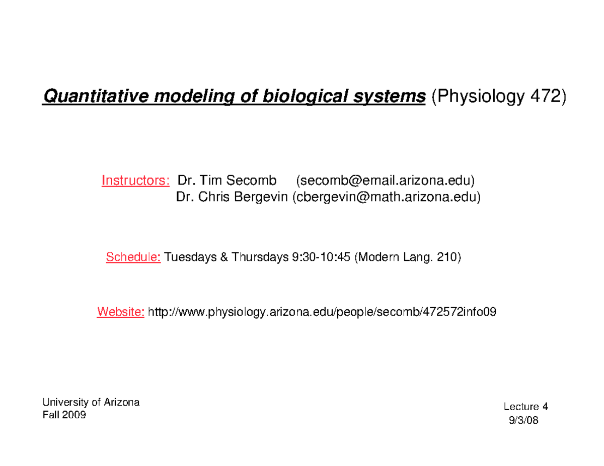 Physiology lecture note 4 - Quantitative modeling of biological systems (Physiology 472 ...