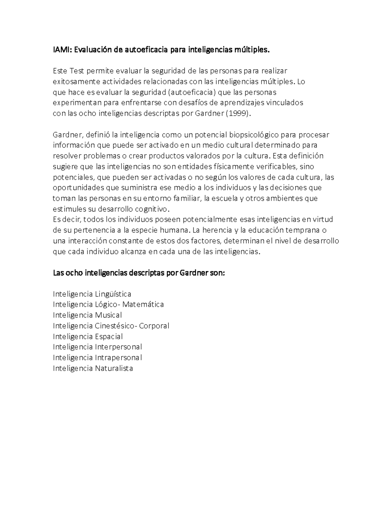 IAMI: Evaluación de Autoeficacia en Inteligencias Múltiples - Studocu