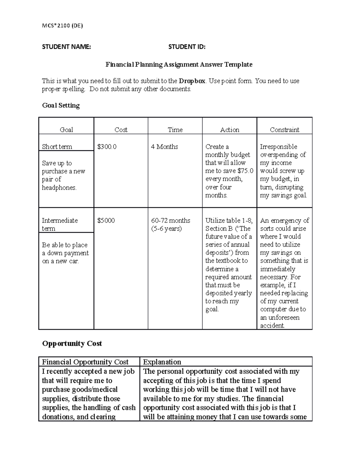 MCS 2100 Financial planning assignment - STUDENT NAME: STUDENT ID ...
