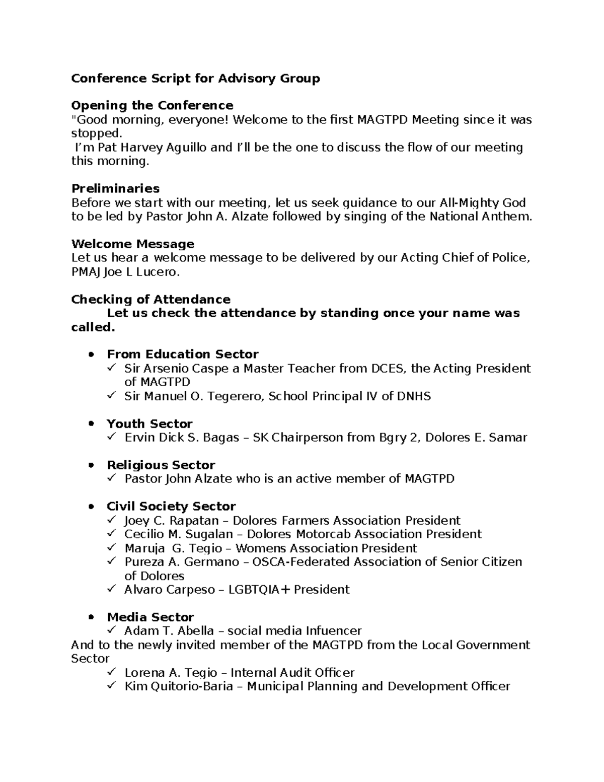 MAGTPD Meeting Conference Script: Opening Session and Agenda - Studocu