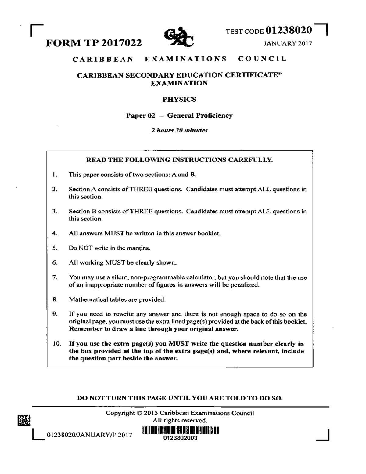 Physics CSEC Paper 02 Exam January 2017 - General Proficiency - Studocu