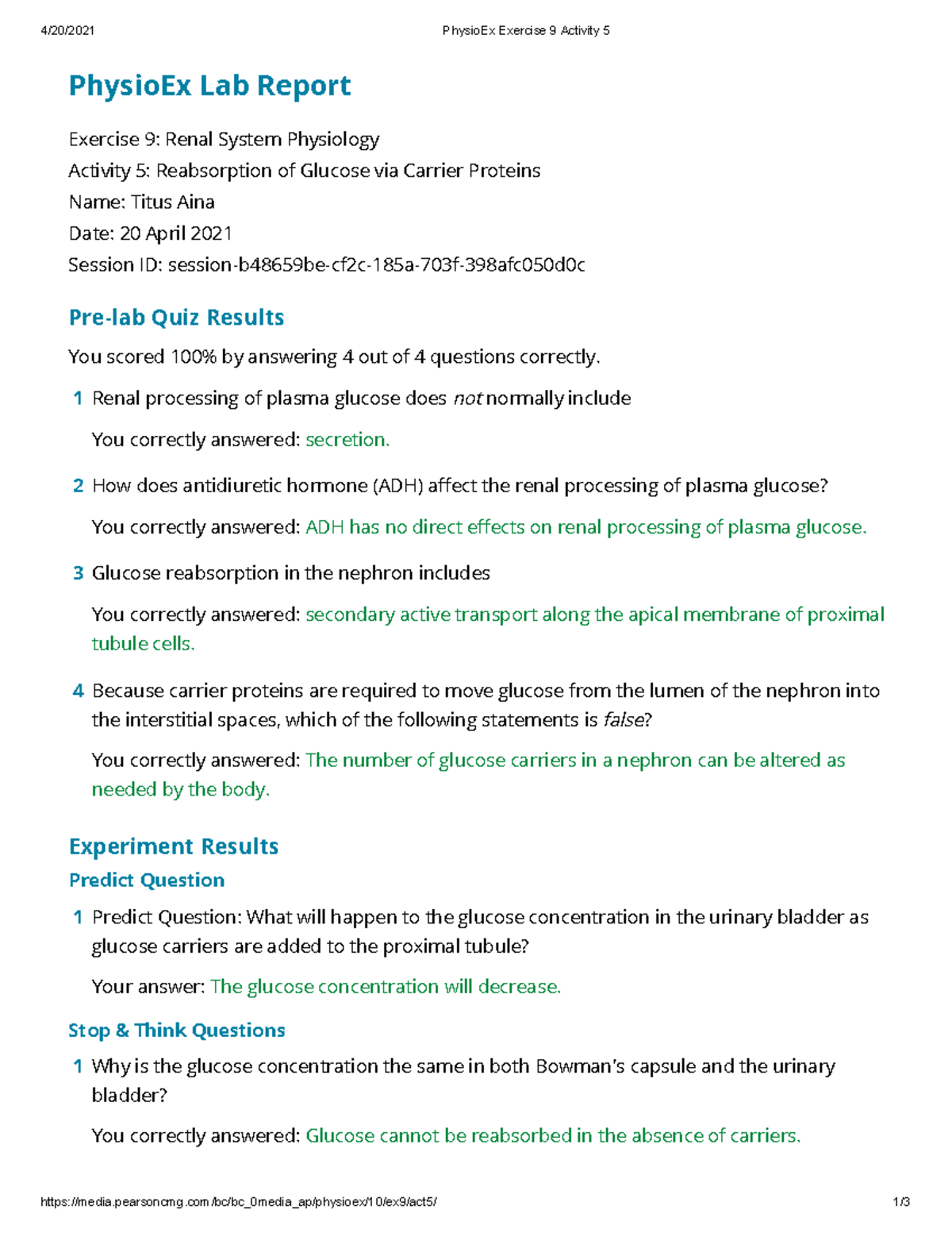 PhysioEx 10.0: Exercise 9 - Glucose Reabsorption Lab Report - Studocu