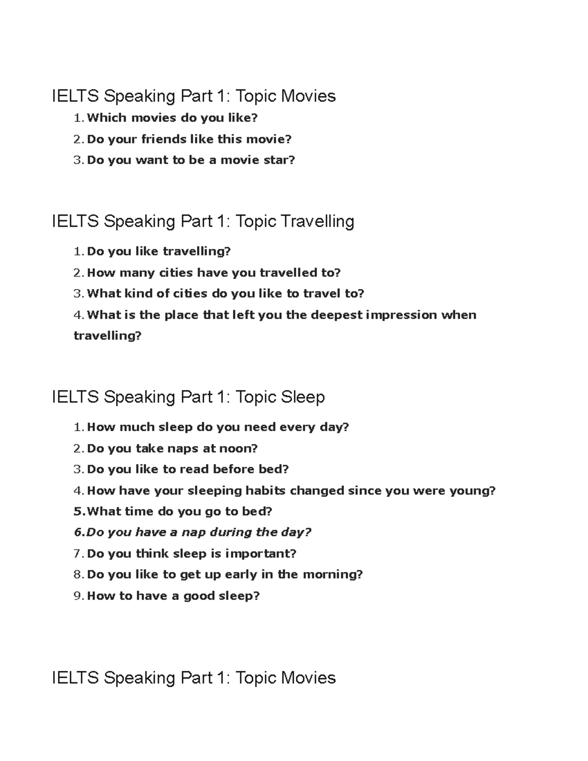 IELTS Speaking Part 1: Topics on Movies, Travelling, Sleep, and Music ...