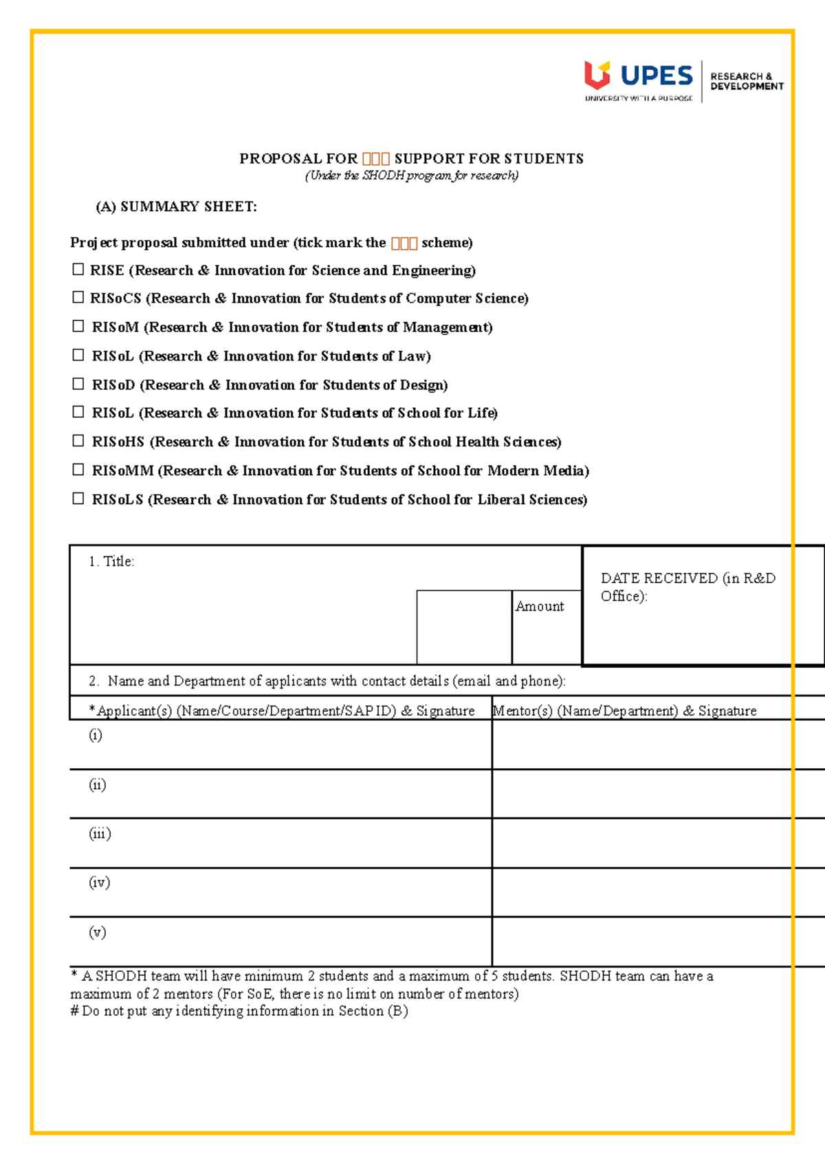 Shodh Proposal form 2022 - PROPOSAL FOR (Under the SHODH program for ...