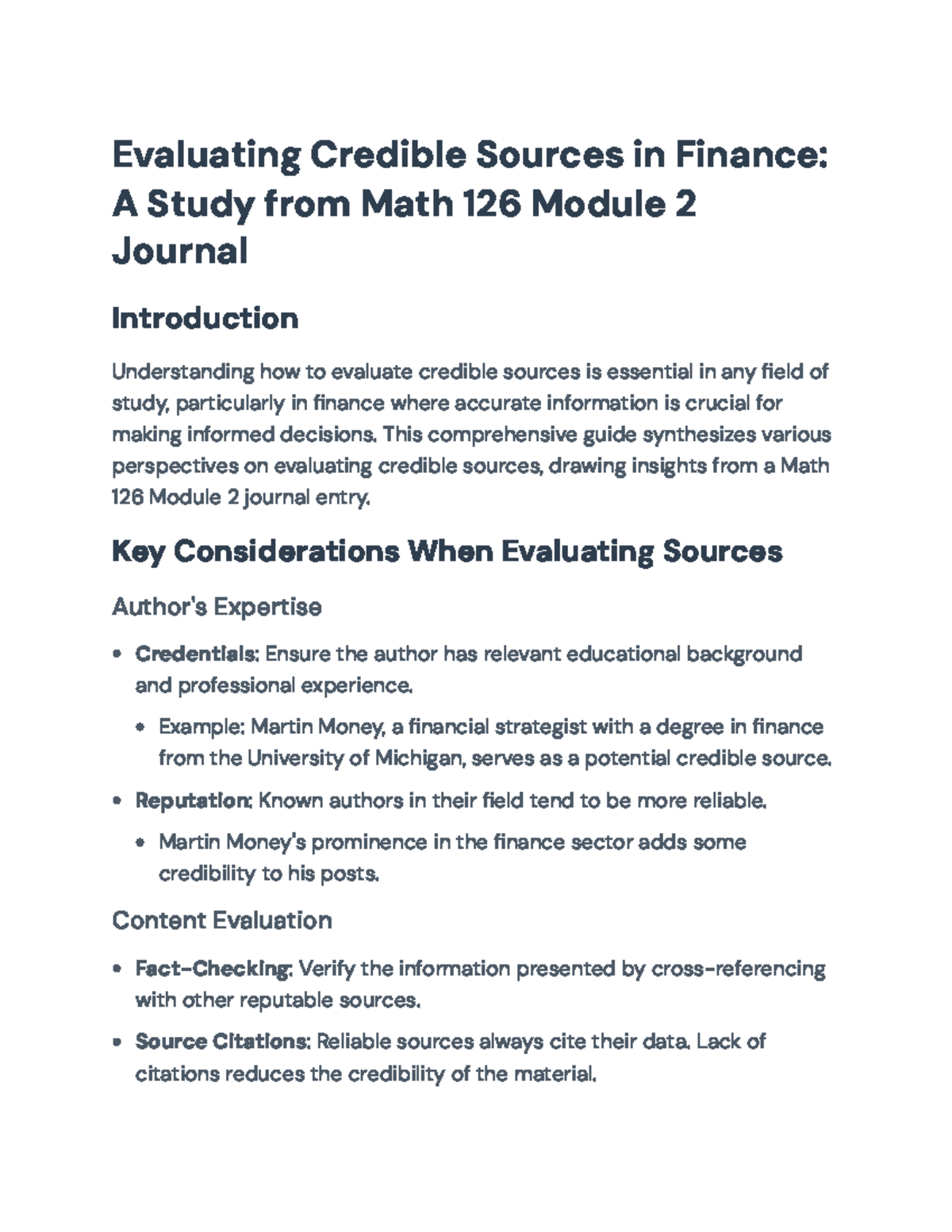 Evaluating Credible Sources in Finance: Insights from Math 126 Module 2 ...