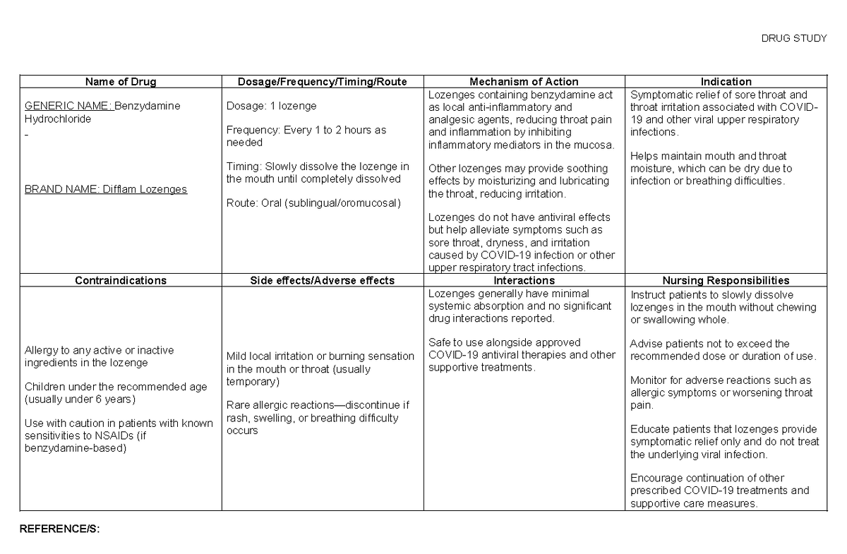 DRUG-Study: Benzydamine Hydrochloride (Difflam Lozenges) Notes - Studocu