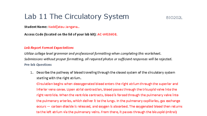 BIO202L Lab 11: The Circulatory System Overview and Analysis - Studocu