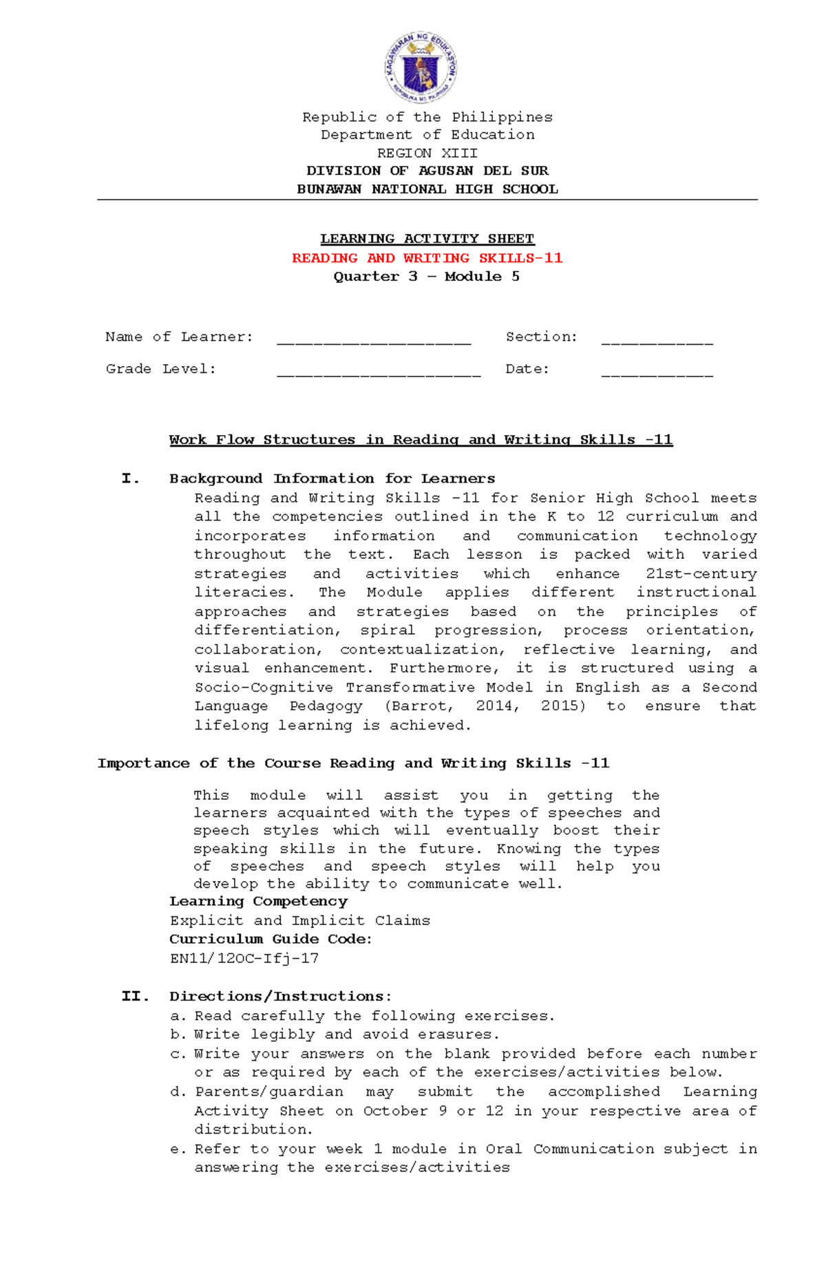 W1-LAS: Reading and Writing Skills Module 5 for Senior High School ...