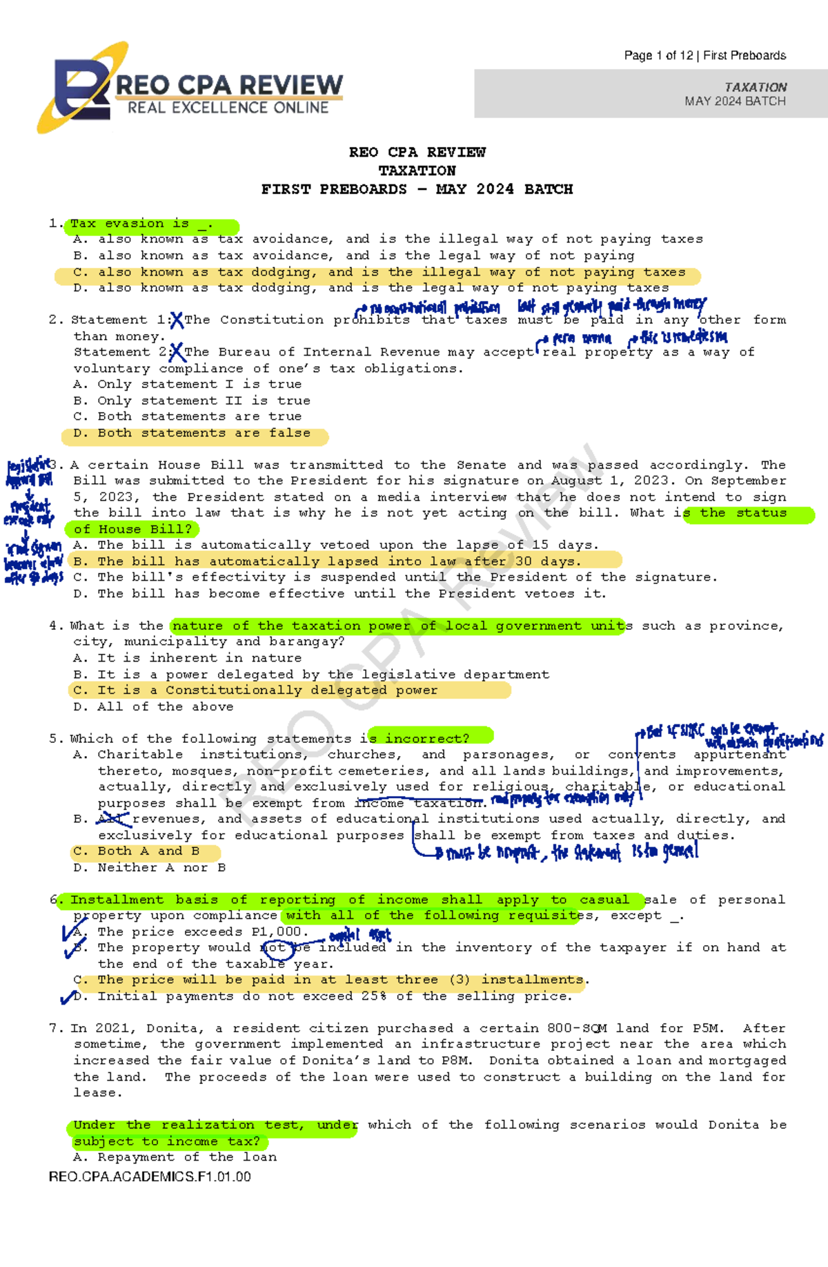 REO CPA REVIEW - Annotated Taxation First Preboard May 2024 - Studocu