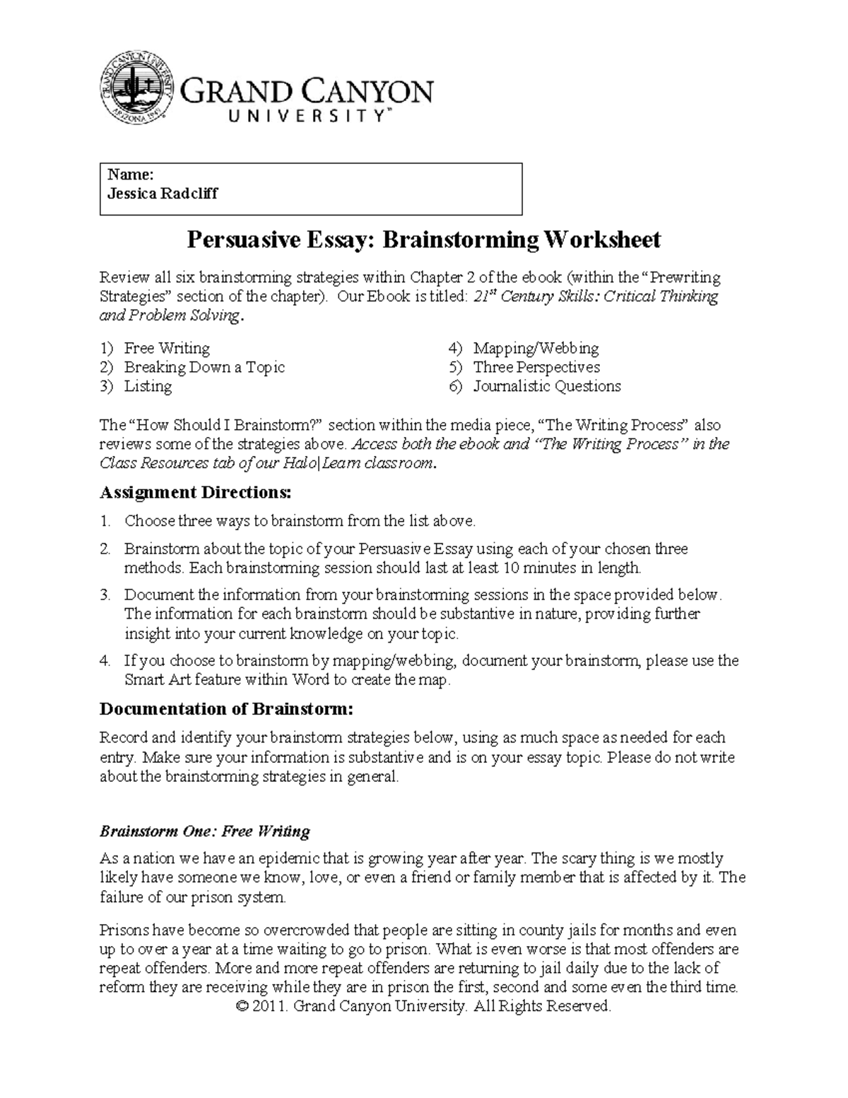 Jessica Radcliff - Persuasive Essay Brainstorming Worksheet for ENG 101 ...