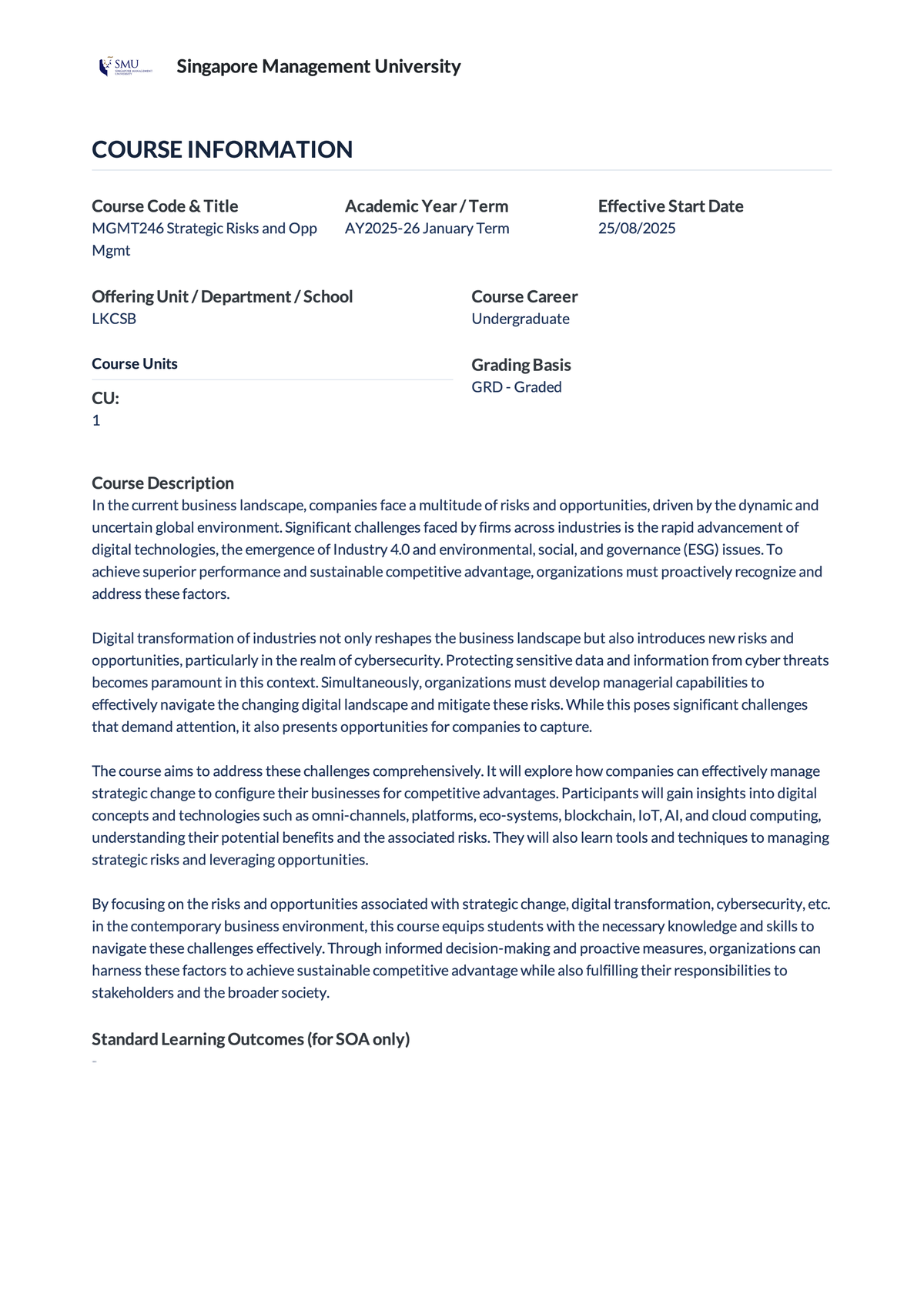 MGMT246 Strategic Risks and Opportunities Course Outline - Studocu
