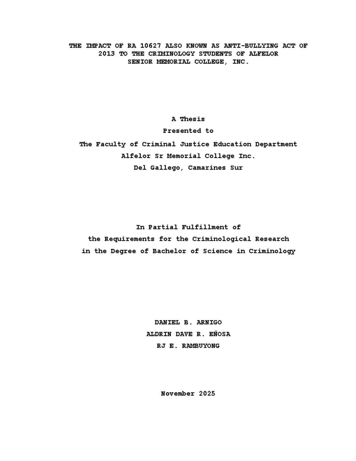 Impact of RA 10627 on Criminology Students at Alfelor Sr. College - Studocu