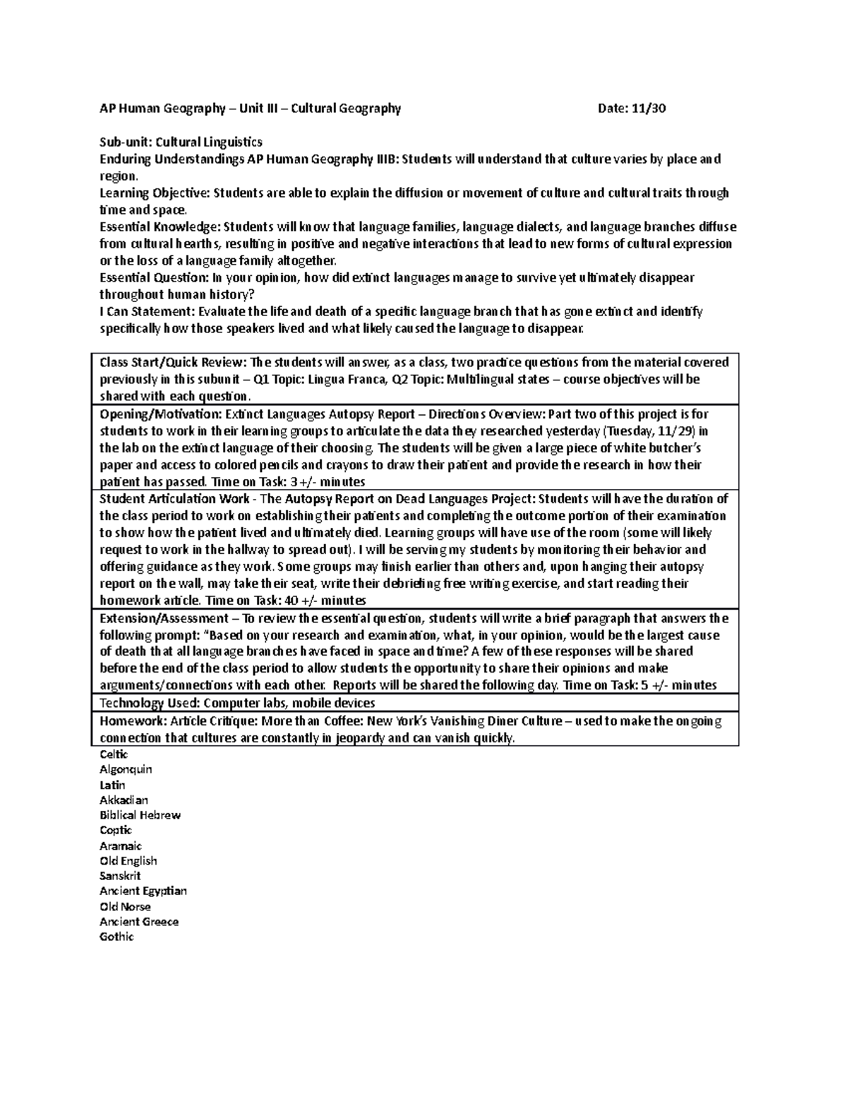 AP Human Geography IIIB: Autopsy Report on Extinct Languages Lesson ...
