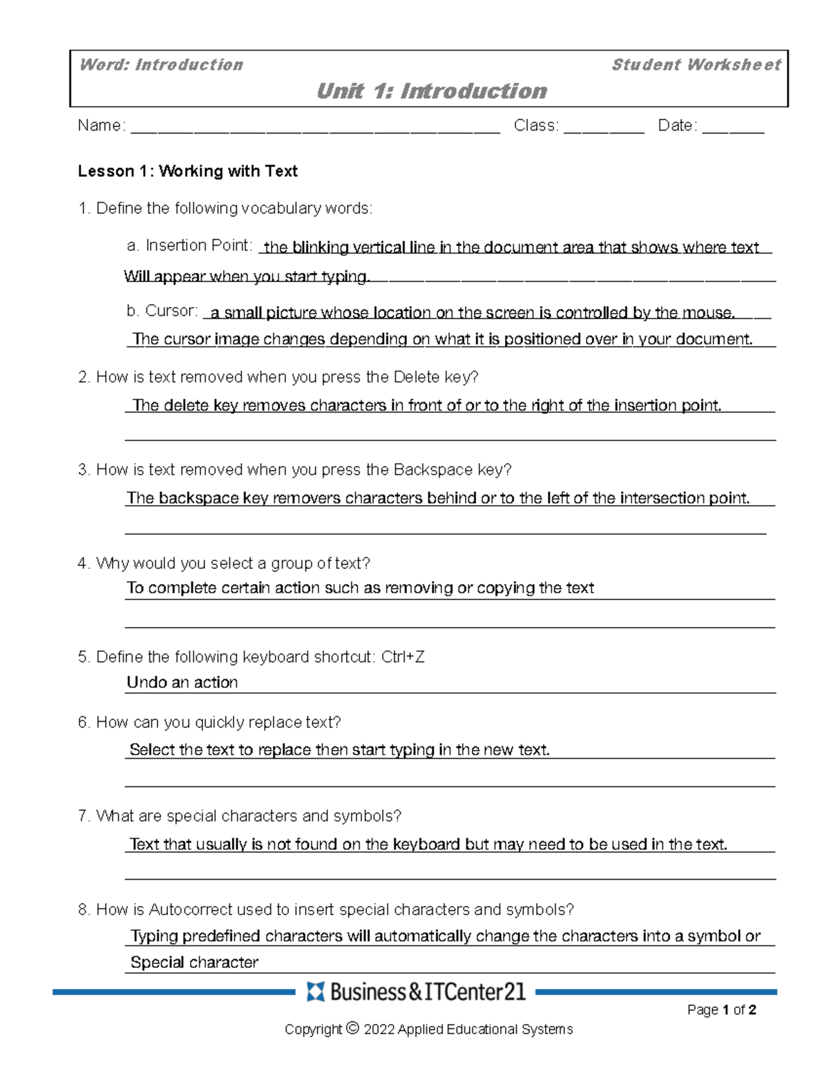 Student Worksheet: Unit 1 - Intro to Working with Text - Studocu