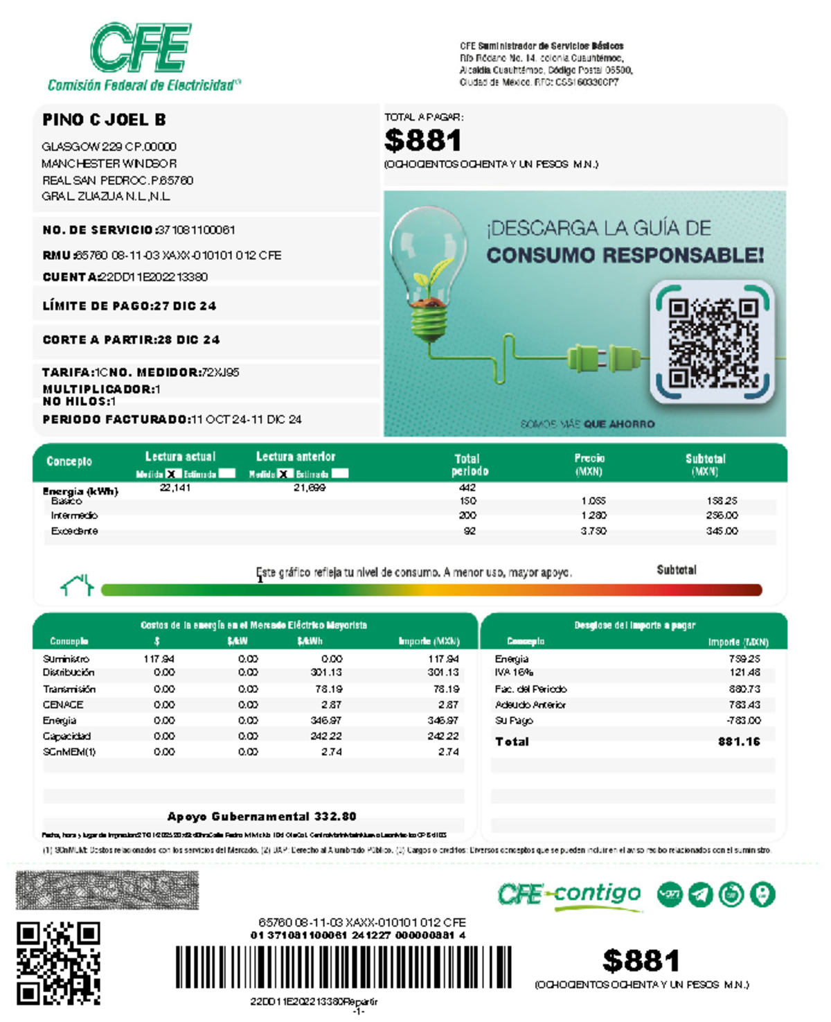 Recibo cfe - imagen - PINO C JOEL B GLASGOW 229 CP. MANCHESTER WINDSOR REAL SAN PEDROC. GRAL ...