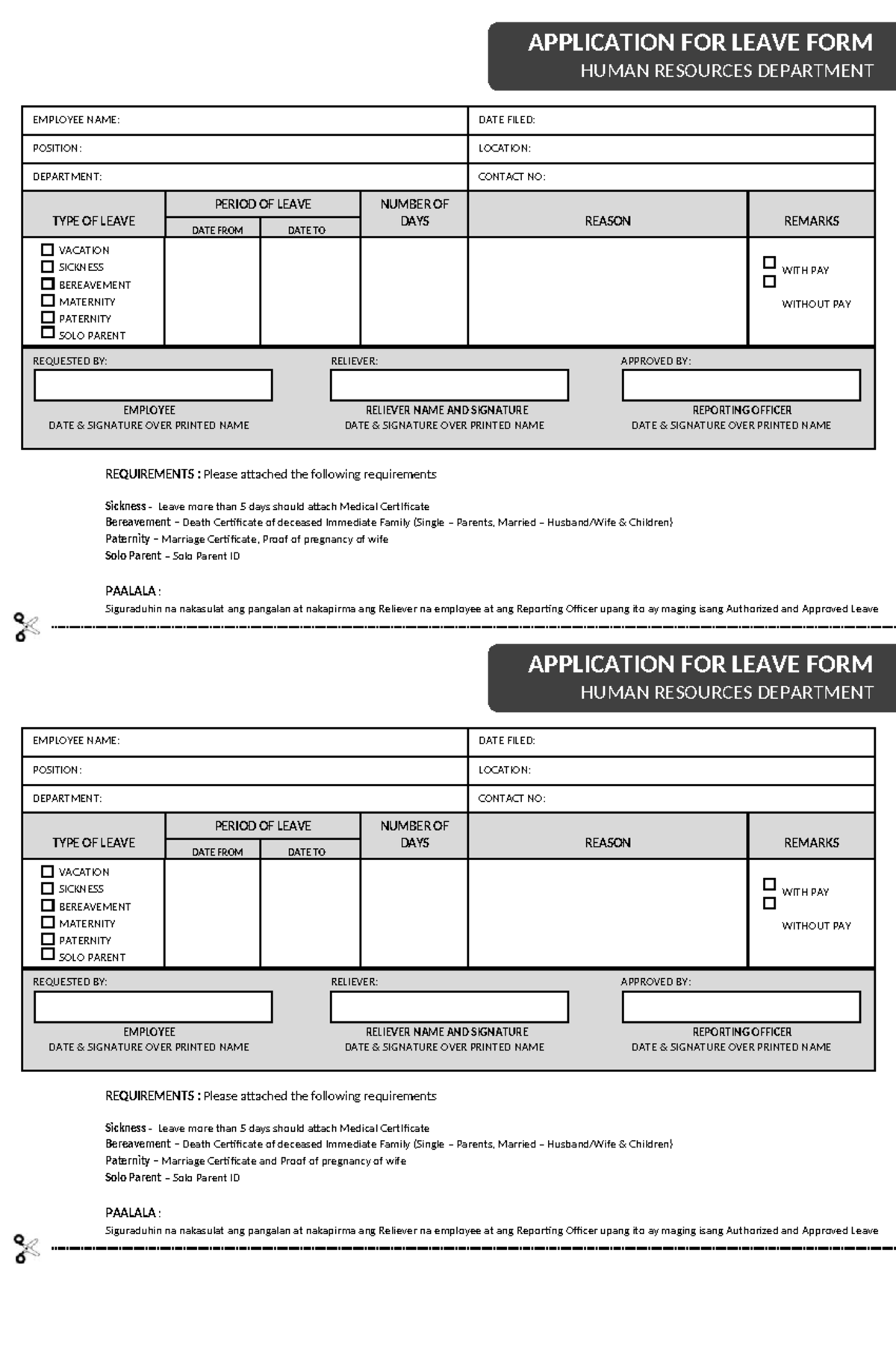Leave Application Form - Human Resources Department - Studocu