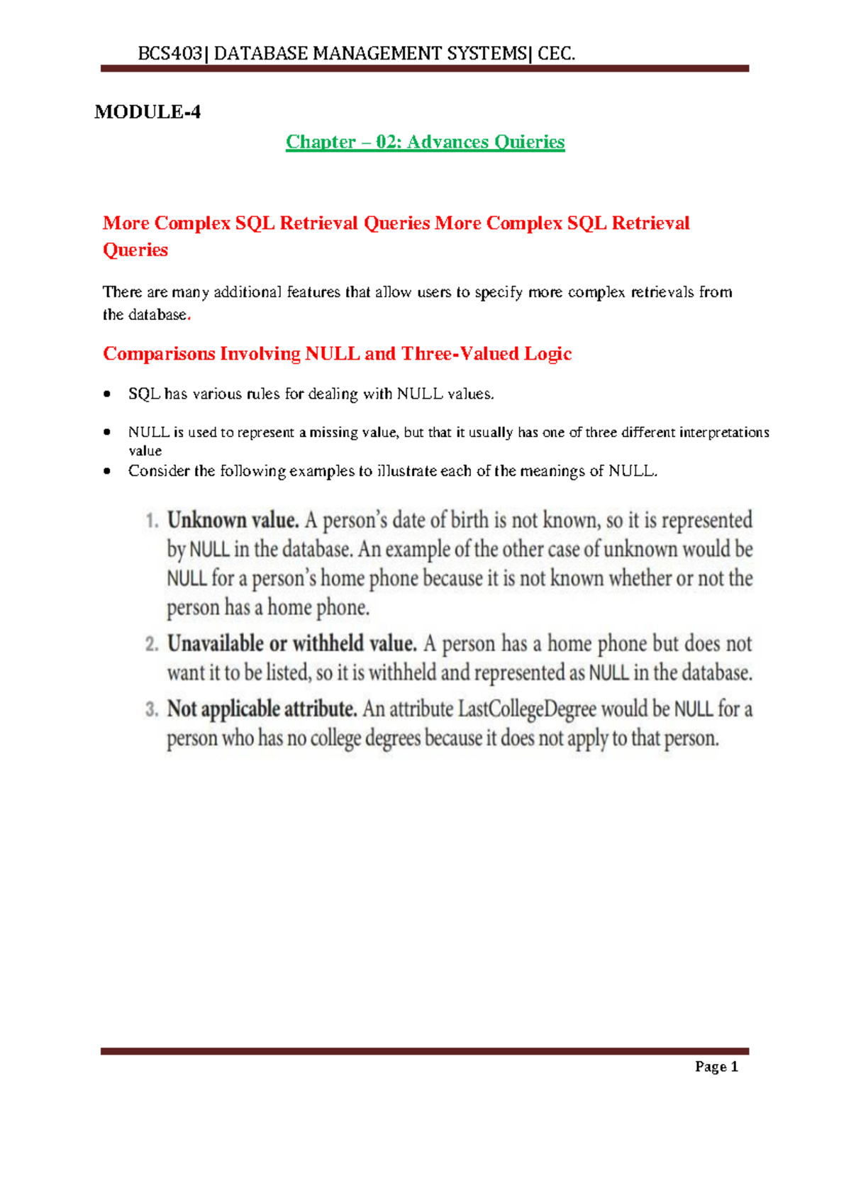DATABASE MANAGEMENT CEC. Chapter 02: Advanced SQL Queries and Functions ...