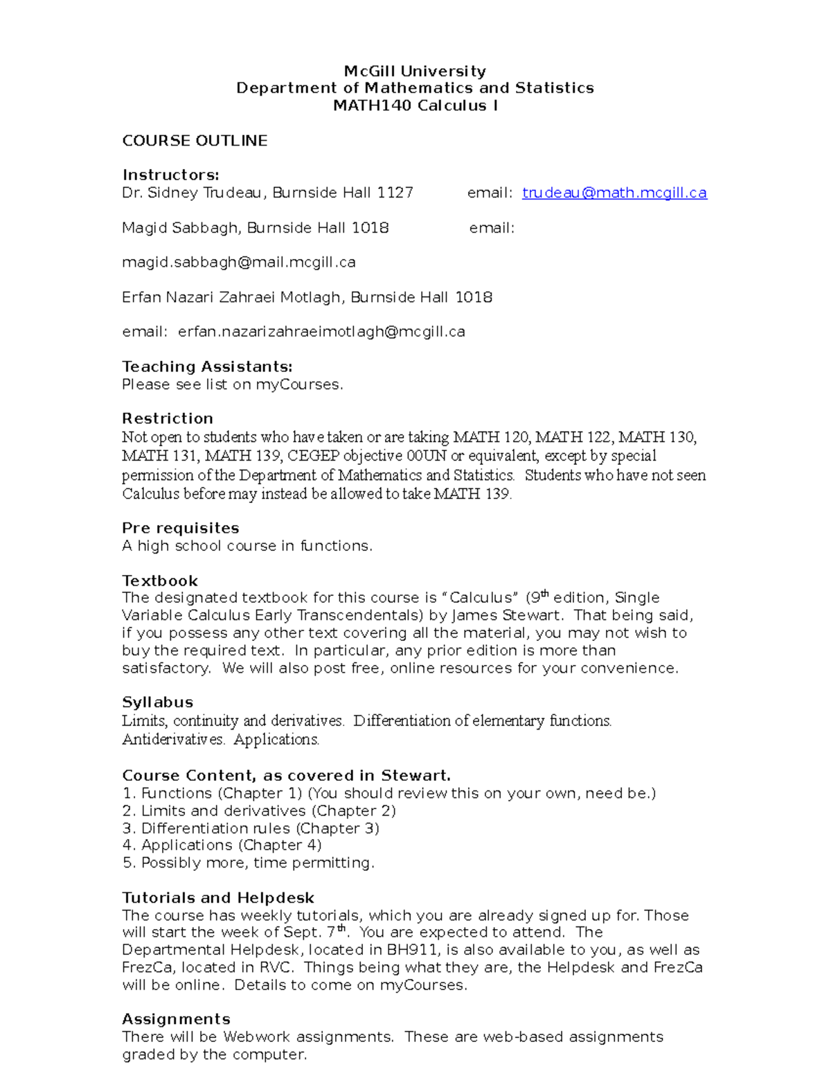 Math 140 Syllabus: Calculus I Course Outline and Requirements - Studocu