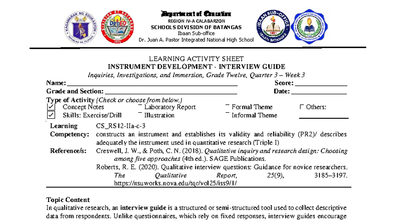 Triple I LAS Q3 Wk 3 - Interview Guide for Instrument Dev. - Studocu