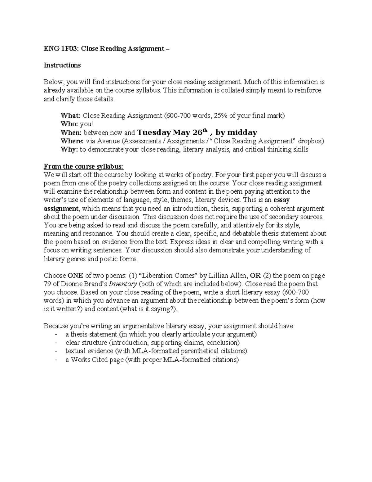 ENG 1F03: Close Reading Assignment Guidelines and Details - Studocu