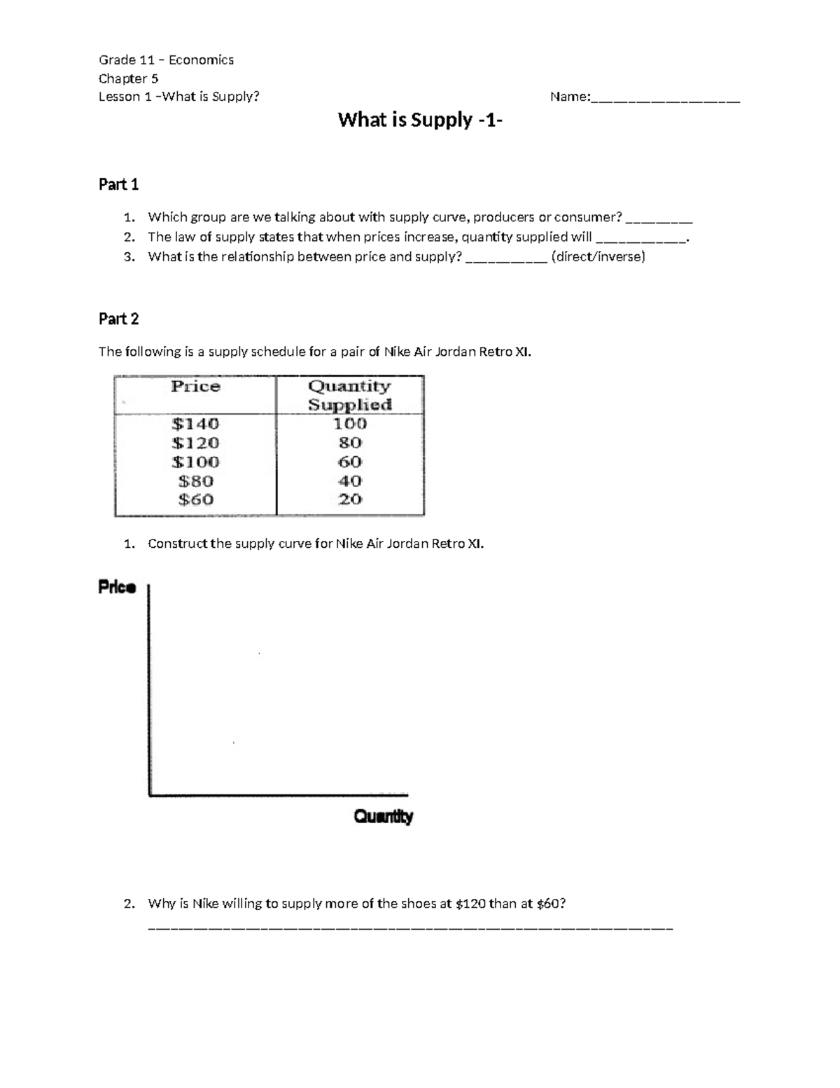 Supply WS1 - a worksheet that allows practice - Grade 11 – Economics ...