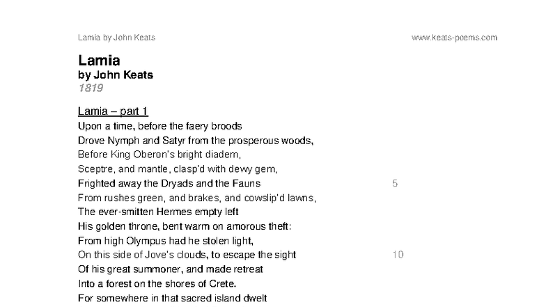 Lamia by John Keats (1819) - Analysis and Interpretation - Studocu