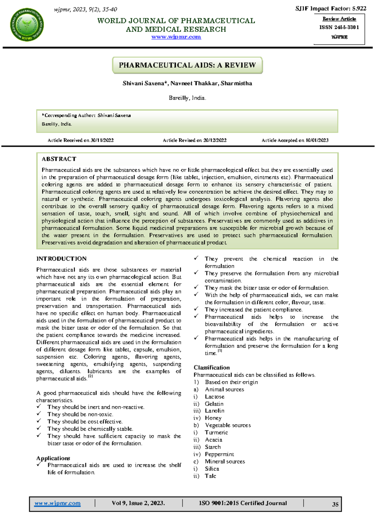 Pharmaceutical Aids: A Comprehensive Review (SJIF: 5.922) - Studocu