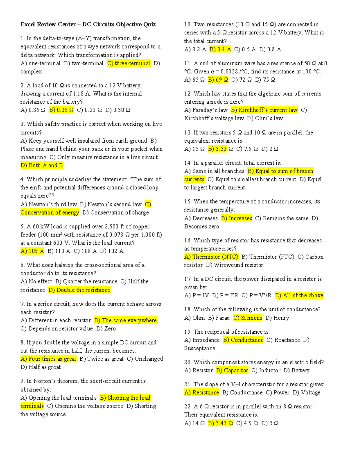 DC Circuits Quiz 1 - Objective Practice Questions - Studocu